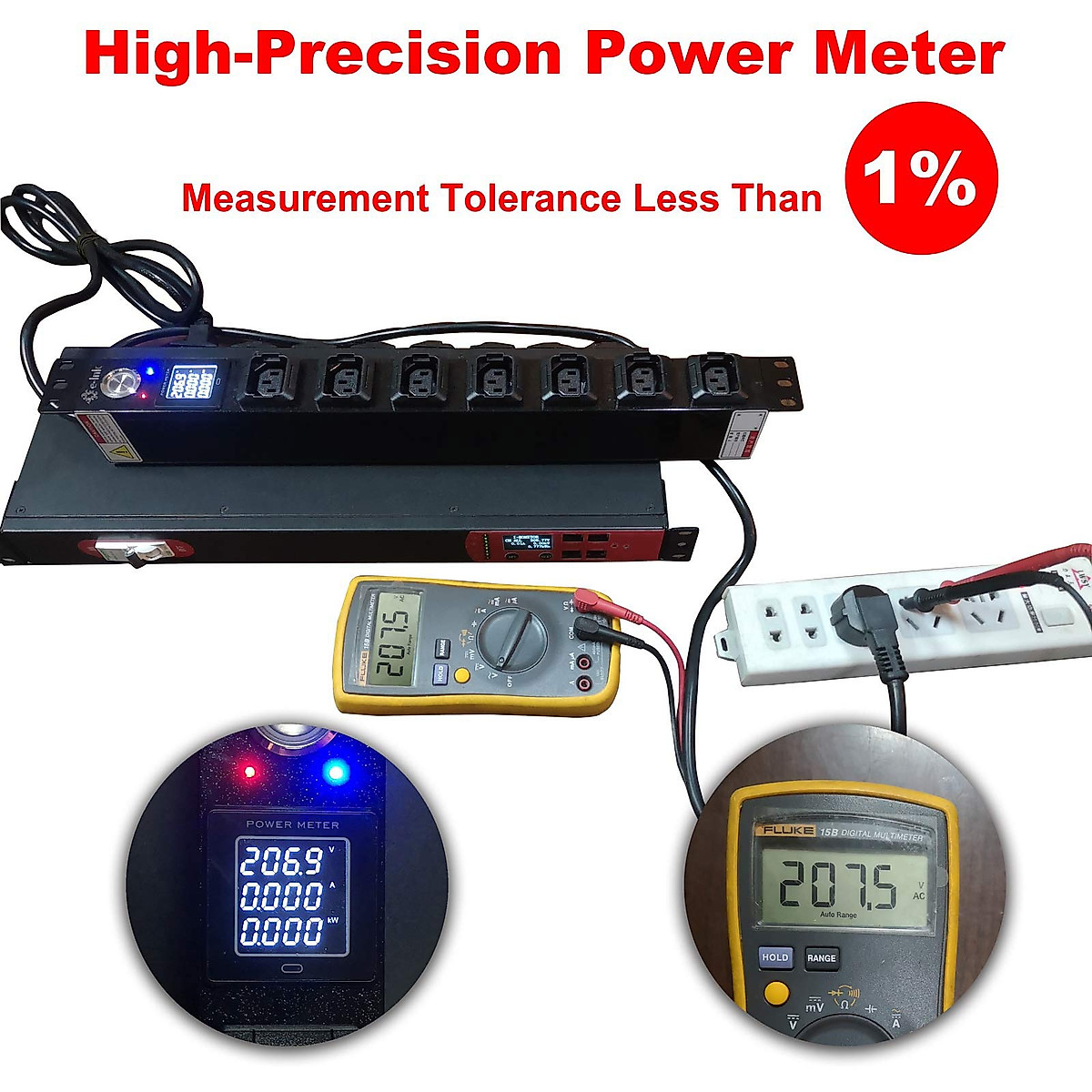 E-link Industrial Surge Protector Power Strip Rack Mount Metered PDU Power Distribution Unit 110-250V 16A, 8 NEMA 5-20R Outlet 19'' 1U Switched PDU with Monitoring OLED Screen Orange