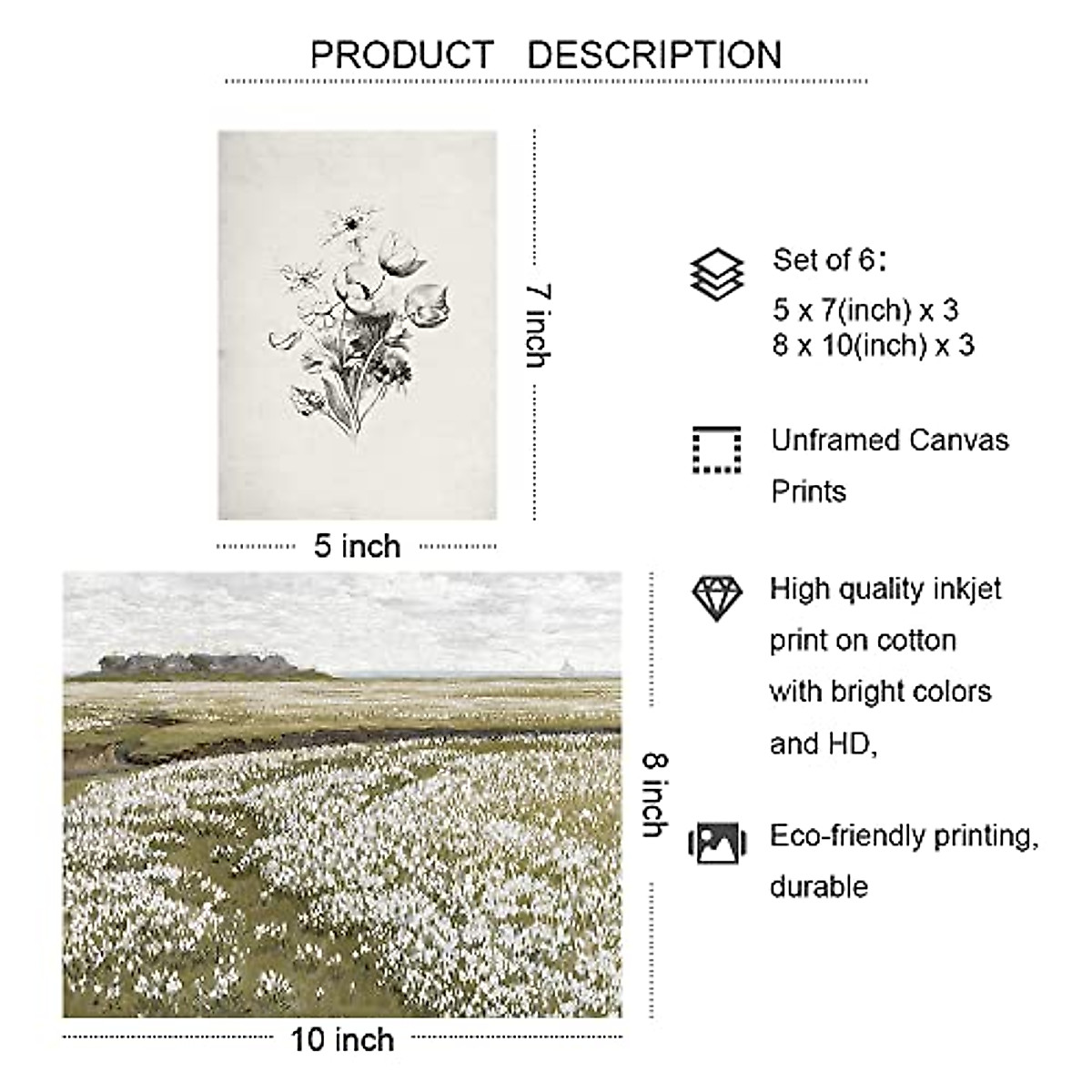 Vintage Botanical Wall Art -Neutral Wall Art prints for wall decor for Rustic Farmhouse Kitchen, Bathroom, Bedroom Poster Print Wall Decor - Preppy Room Decor Aesthetic Vintage, Nature, Tree Sketch Set of 6 landscape wall art.