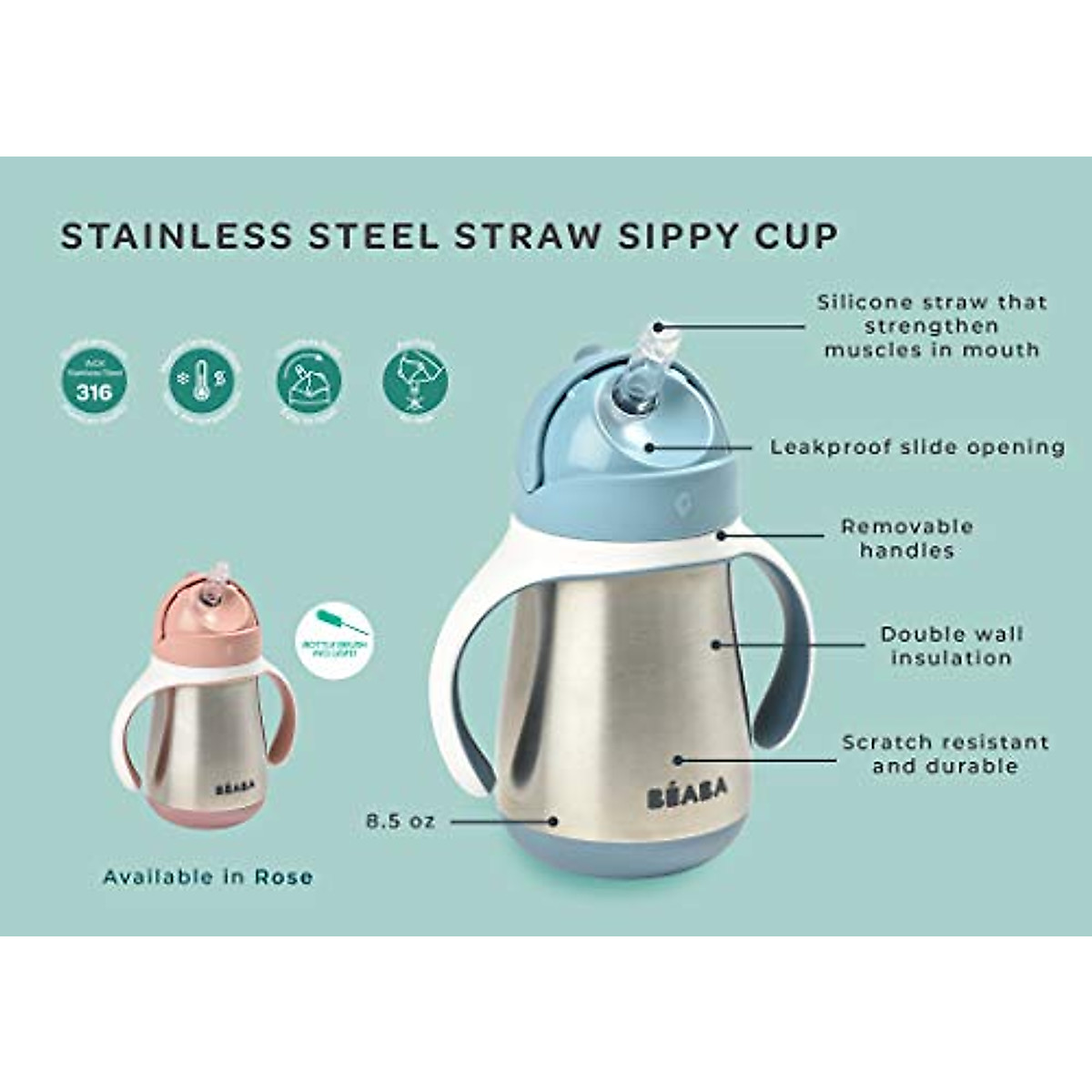 Beaba Stainless Steel Straw Sippy Cup, Sippy Cup with Removable Handles, Sippy Cup with Straw, 8+ months, 8.5 oz (Rain)