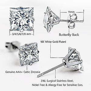 UHIBROS Stainless Steel Stud Earrings Set for Men, 18K White Gold Plated Square Cubic Zirconia Studs Hypoallergenic Mens Earrings Pack 6 Pairs, Gifts for Men Women