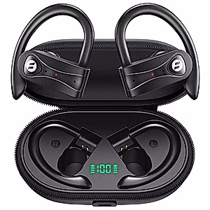 Bluetooth Headphones Noise Canceling 4 Mics Clear Call Stereo Bass Sound 60H Playtime Wireless Charging Case Over Ear Earphones LED Digital Display Headset with Earhooks for Sports Running Workout Gym