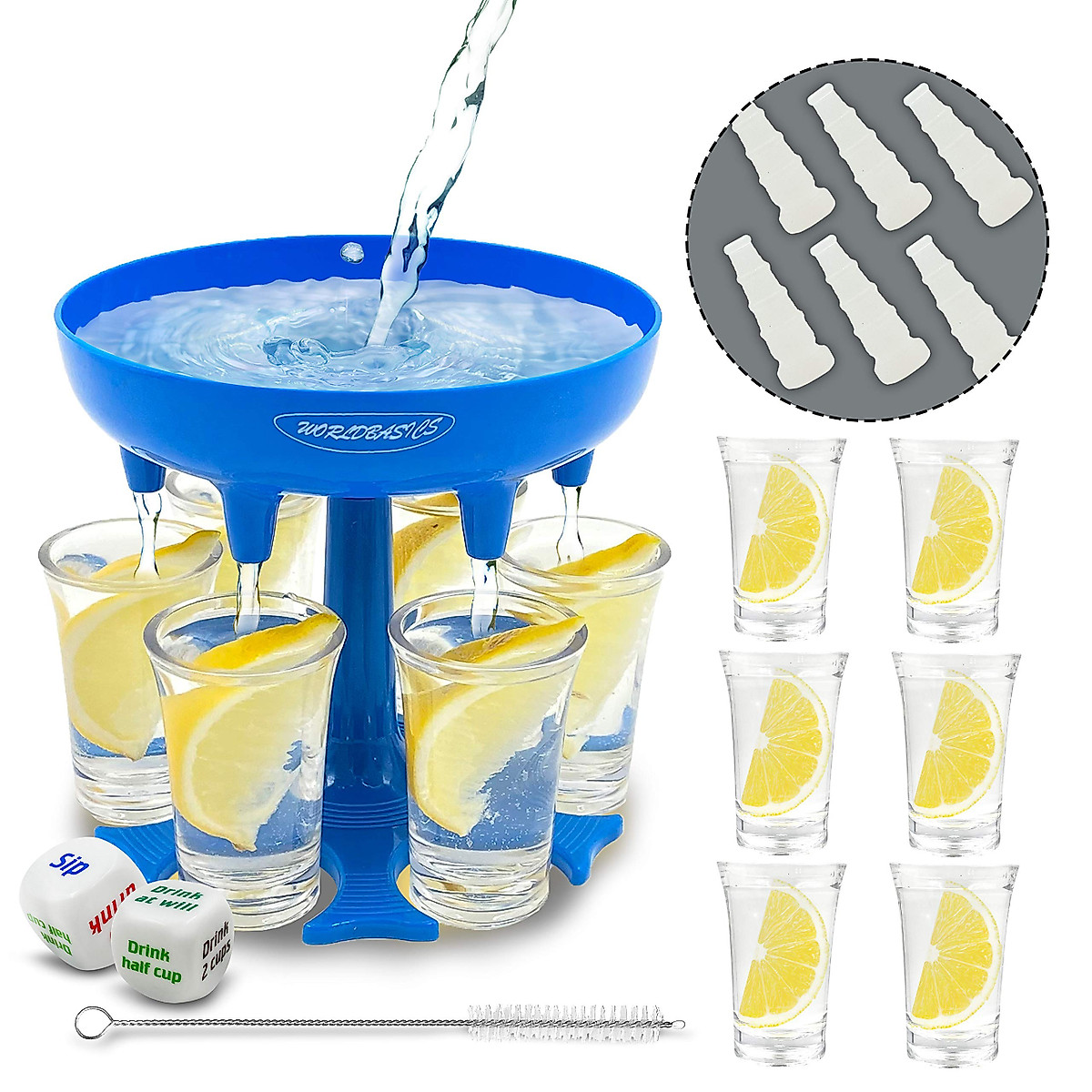 WorldBasics 6 Shot Glass Dispenser and Holder | Includes Shot Dispenser with Shot Glasses & Plugs | Shot Buddy Dispenser with Glasses | Shot Glass Holder & Shot Pourer- (Blue)