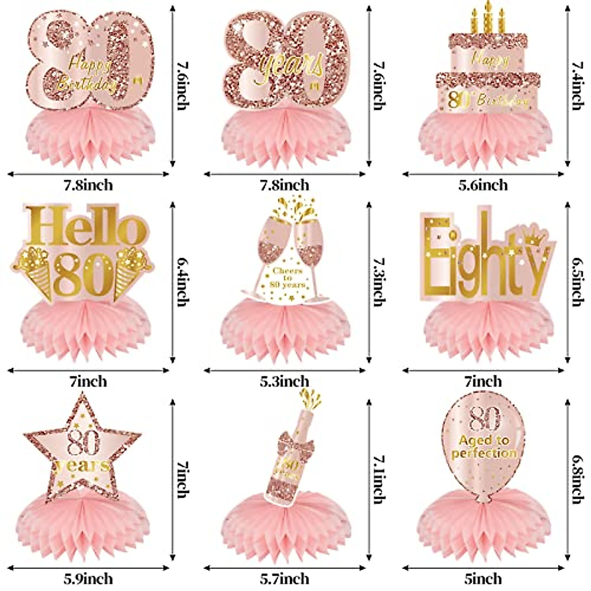 Pink Rose Gold 80th Birthday Honeycomb Centerpieces Decorations for Women, 9Pcs Rose Gold Happy 80th Birthday Table Centerpieces Party Supplies, Eightieth Year Old Birthday Table Toppers Sign Decor
