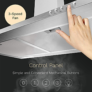 hOmeLabs 30 inch Wall Mount Range Hood Exhaust Fan for Kitchen - Stainless Steel with 3 Suction Speeds, LED Lights and Push Button Controls - Clears Area up to 220 CFM