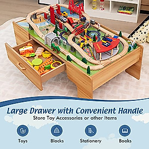 Costzon Train Table, 2 in 1 Kids Activity Table w/Storage Drawer, 100 Multicolor Pieces, Railway, Track, Cars, City, DIY Design, Reversible Tabletop, Gift for Boys Girls, Wooden Train Set (Natural)