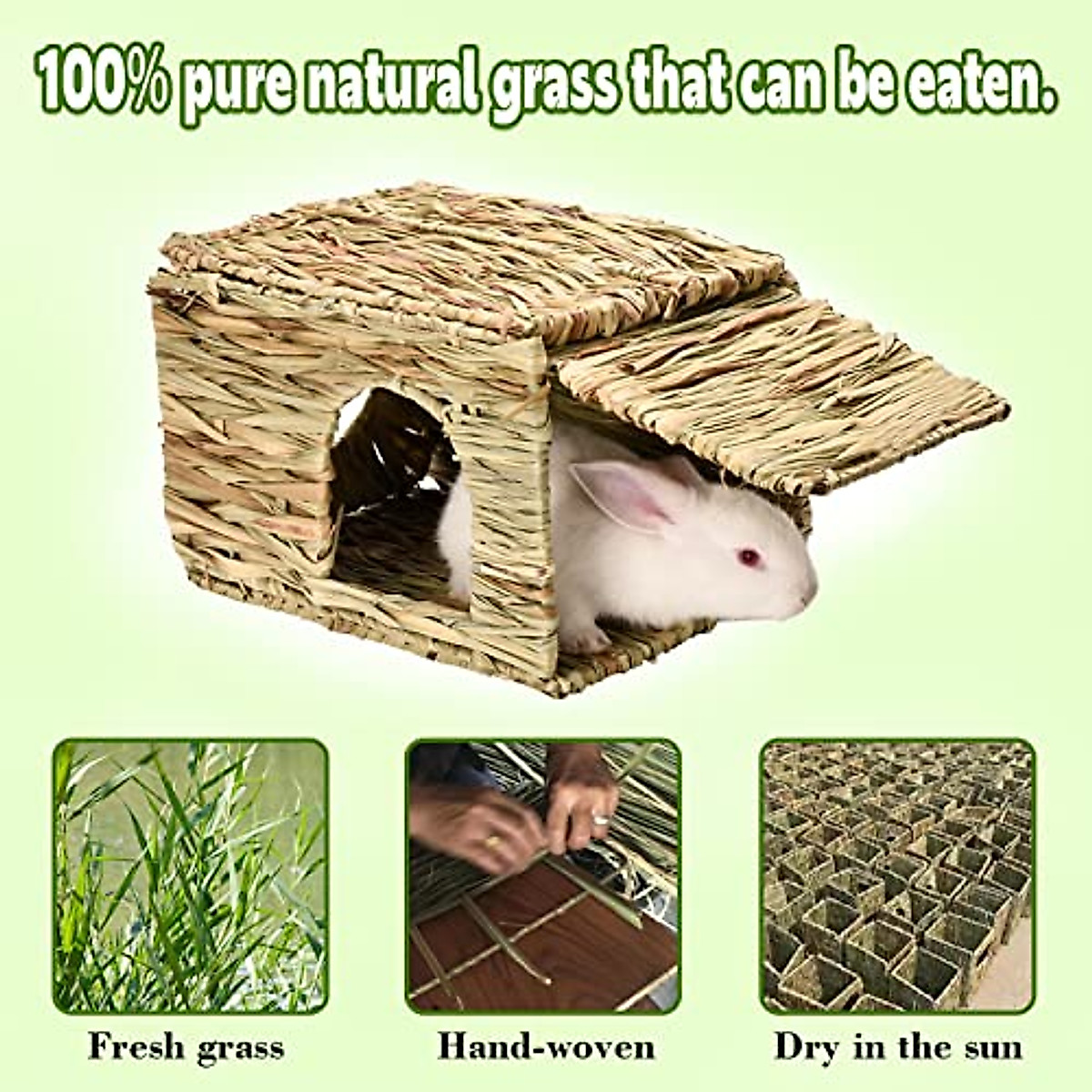 Grass House for Rabbits (1pc) and Grass mat for Rabbit Bunny(2pcs) Sangle Sopffy, Hand Woven Straw Hut, Small Animal Cages Hay Mat for Guinea Pig Parrot Rabbit Bunny Hamster Chinchilla Squirrel…