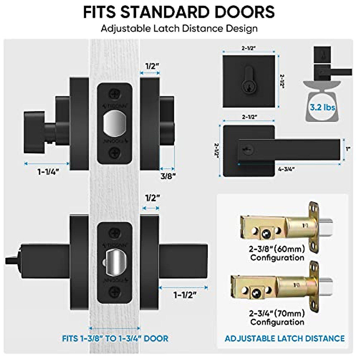 TICONN Door Handle Heavy Duty, Reversible Square Door Lever for Bedroom, Bathroom and Rooms (Black, Deadbolt with Keyed Entry - Not keyed Alike)
