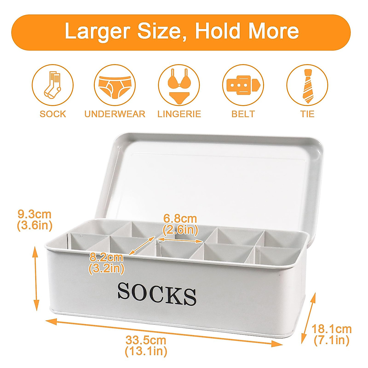 Gdfjiy Storage Bin, Metal Storage Organizer with Lid & 10 Adjustable Grids, Socks Drawer Organizer for Closet, Underwear, Panty, Ties, Ornament (White, 12 inches Wide, 1.0 lbs)