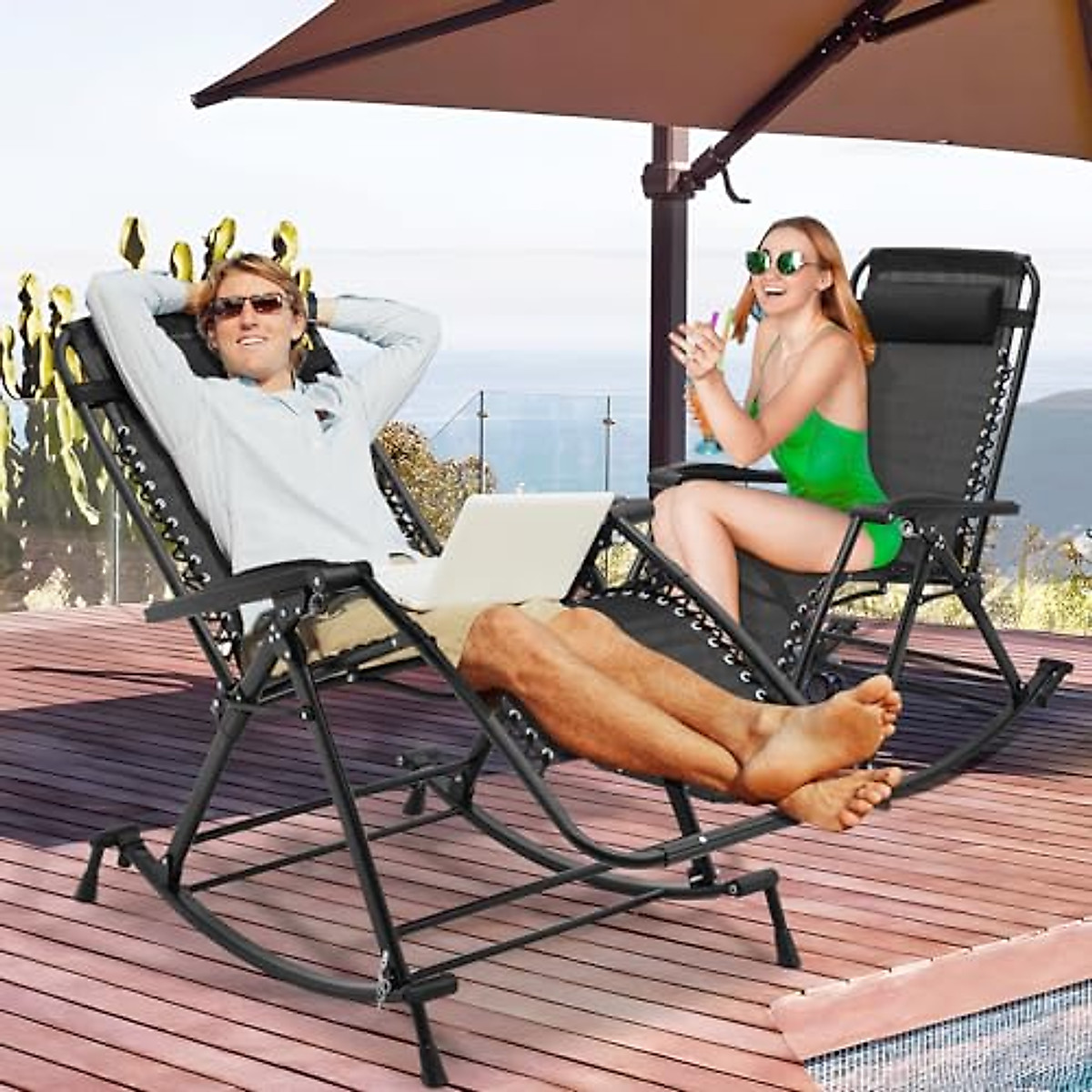 Magshion Outdoor Rocking Chairs 2 Pack Lounge Patio Rocking Chair Zero Gravity Outdoor Folding Recliner Foldable Lounge Chair for Patio Poolside and Camping, Support up to 330 lbs (Black)