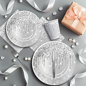 YJRJSC Silver Plates And Napkins Party Supplies - Silver Party Decorations Tableware For Birthday Bridal Shower, Paper Plate, Napkin, Cup, Cutlery, Diamonds Silver Glitter Table Decorations | Serve 24