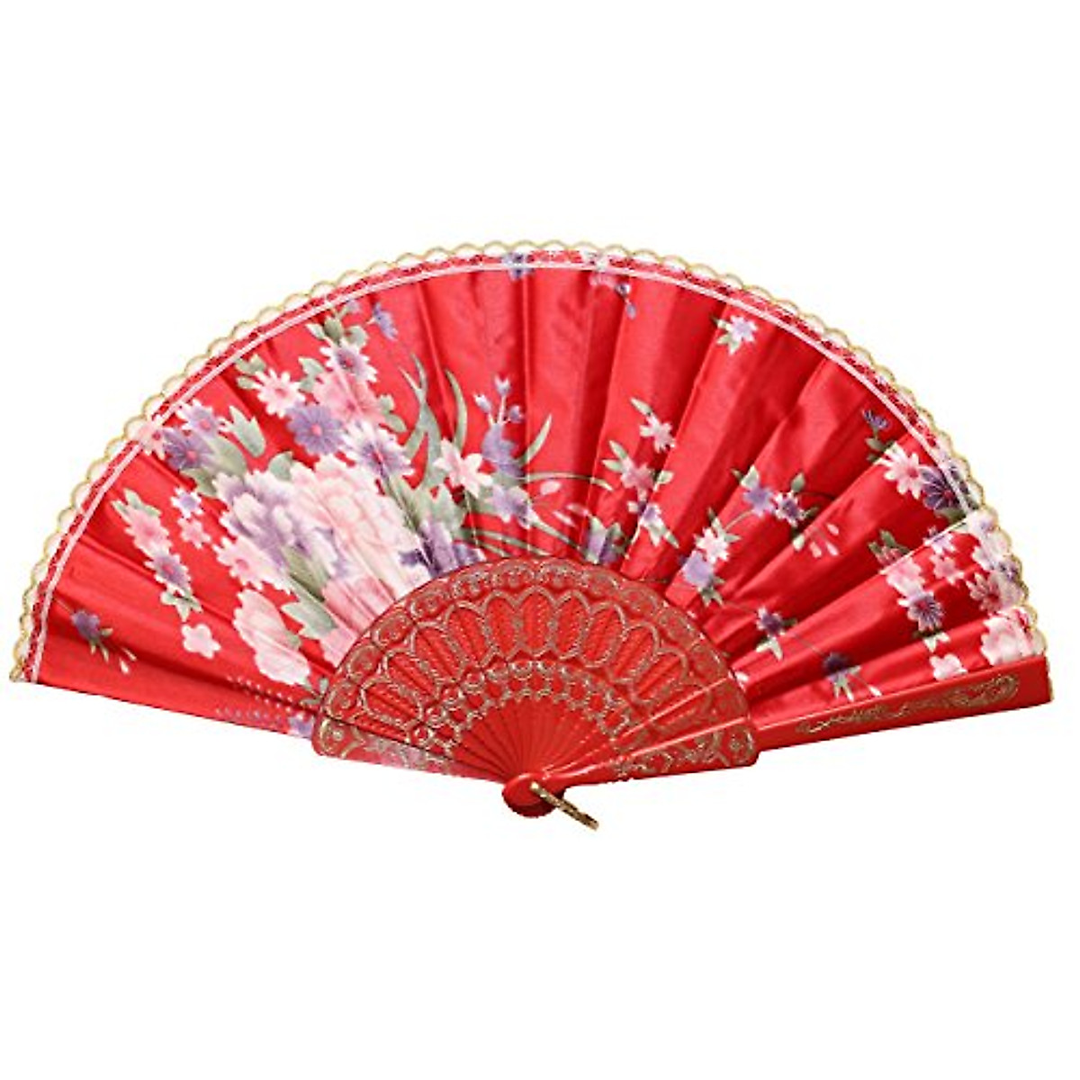 REINDEAR Multi-Pattern Decoration Fabric Flower Print Foldable Silk Lace Trim Hand Fan (3 Pcs, Silk)