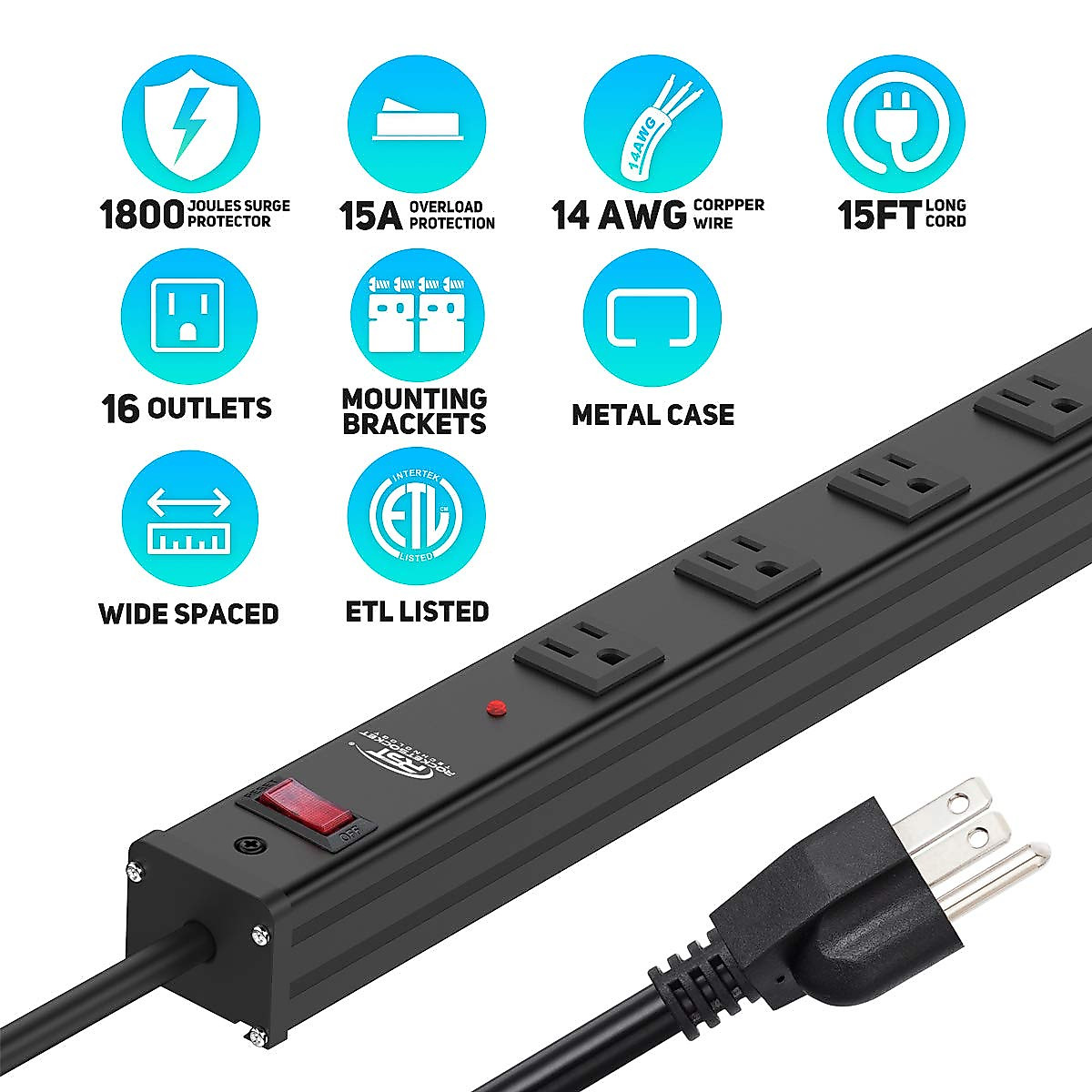 CRST Heavy Duty Surge Protector Power Strip Wide Spaced 16-Outlet 15 Feet Long Extension Cord Power with Circuit Breaker 1800 Joule for Home, Office, Commercial