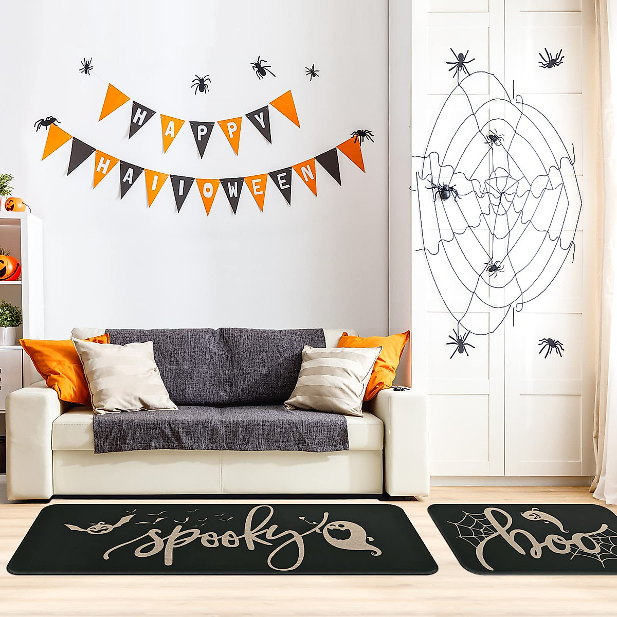 2 Pcs Halloween Kitchen Rugs Mat, Personalized Ghost Bat Horror Black Area Rug Set of 2 Washable, Non-Slip Absorbent Cartoon Boo Spooky Kitchen Mats Cushioned Anti Fatigue, 17'' x 47'' + 17'' x 30''