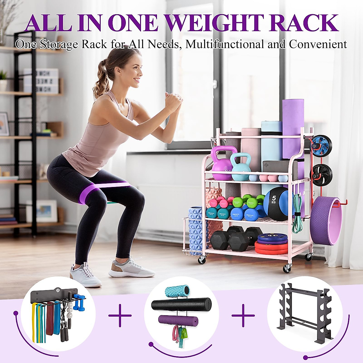 Mythinglogic Yoga Mat Storage Racks,Home Gym Storage Rack for Dumbbells Kettlebells Foam Roller, Yoga Strap and Resistance Bands, Workout Equipment Storage Organizer With Hooks and Wheels