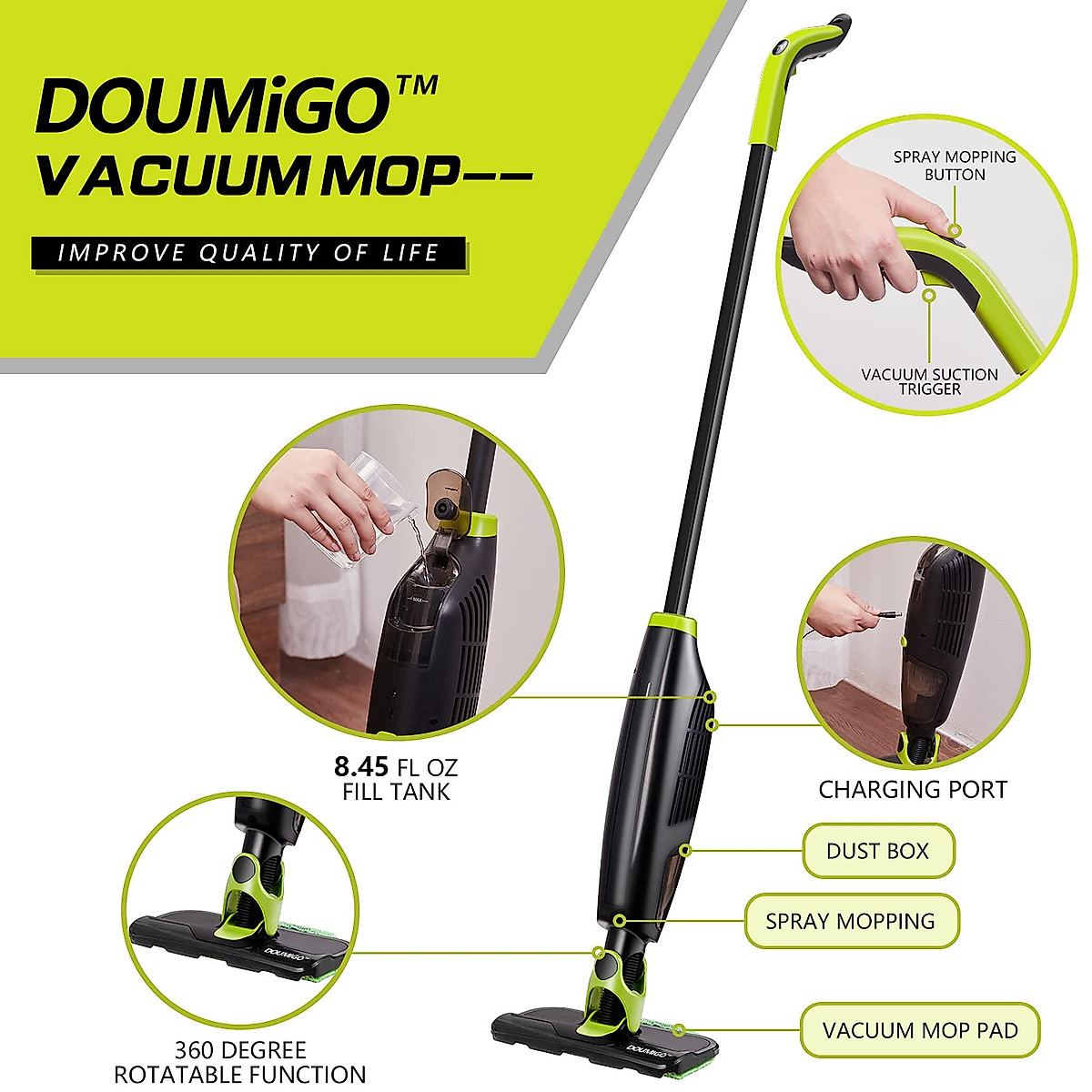 Vacuum Mop Cordless Hard Floor Vacuum Cleaner and 2 Packs Recyclable Cleaning Mop Pad, Black, KB-9009A