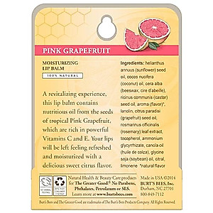 Burt's Bees 100% Natural Moisturizing Lip Balm, Pink Grapefruit with Beeswax & Fruit Extracts, 1 Tube