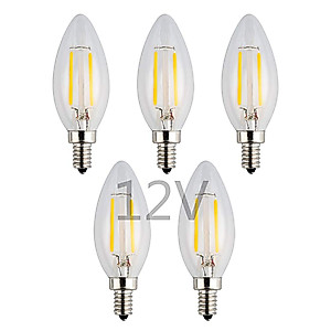 OPALRAY LED Candelabra LOW Voltage Bulb, DC/AC 12V Input, 2W 200Lm, Dimmable, Warm White Light, E12 Small Base, Clear Glass Torpedo Tip, 25W Incandescent Equivalent, DC 12V - 24V Lighting, Pack of 5