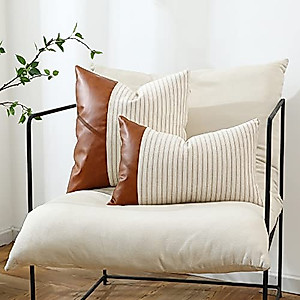 Throw Pillow Covers,Pillow Covers 24x24,Khaki Stripes Textured Cotton Faux Leather Stitching Square Farmhouse Pillow Covers Home Decorative for Sofa Couch Chair Bedroom Sets of 2