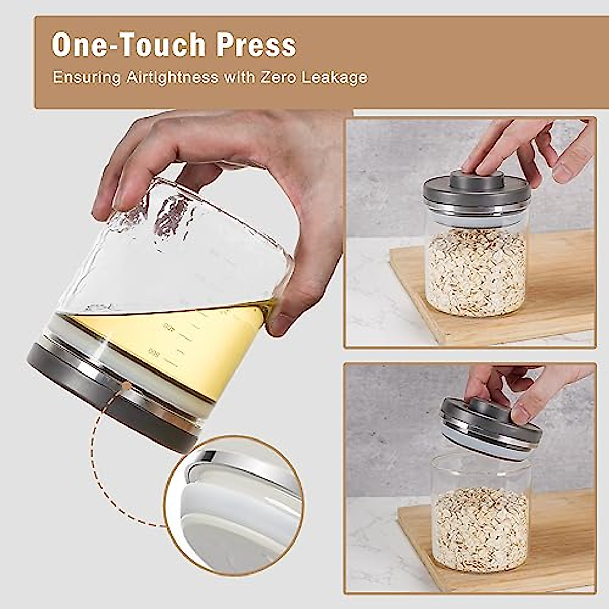 TrendPlain Air Tight Containers for Food - Pop Up High - Grade Borosilicate Glass Container with Stackable Lids - Storage Containers for Pantry, Cereal, Coffee, Rice, Flour 27 Oz / 800 ML, Grey