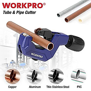 WORKPRO Pipe Cutter, 1/8 to 1-1/8inch Tubing Cutter, Heavy Duty Conduit Cutter for Thin Copper PVC Aluminum Pipes, with Deburring Reamer Ultra-sharp Spare Cutting Wheel