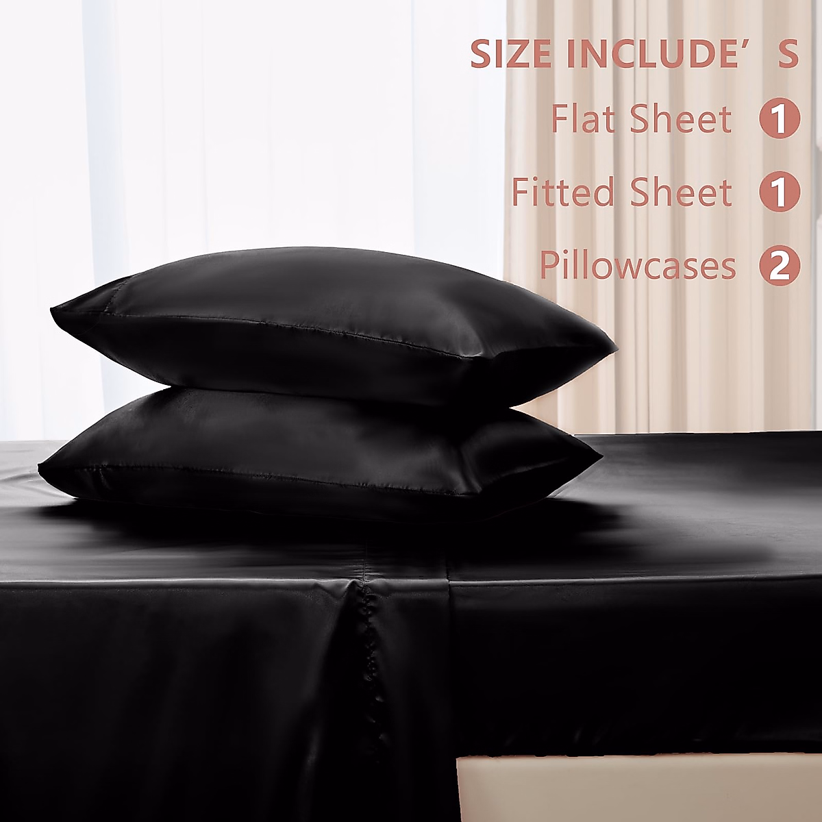 CozyLux Satin Sheets Full Size - 4 Piece Black Bed Sheet Set with Silky Microfiber, 1 Deep Pocket Fitted Sheet, 1 Flat Sheet, and 2 Pillowcases - Smooth and Soft