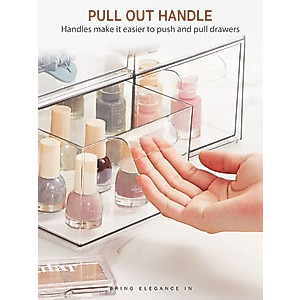 Syntus 4 Piece Set Stackable Makeup Organizer Drawers, 4.4'' Tall Acrylic Bathroom Storage Drawer, Plastic Cosmetics Storage Box for Vanity, Undersink, Skincare, Kitchen Cabinets, Pantry Organization