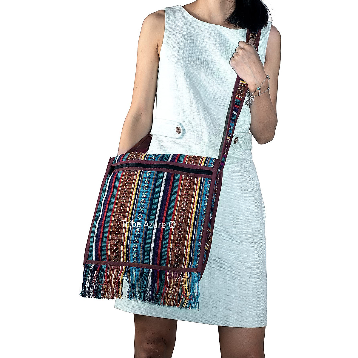 Tribe Azure Woven Adjustable Strap Shoulder Bag Hobo Messenger Women Fashion Handbag Unique Roomy Tassel (Woven Blue)