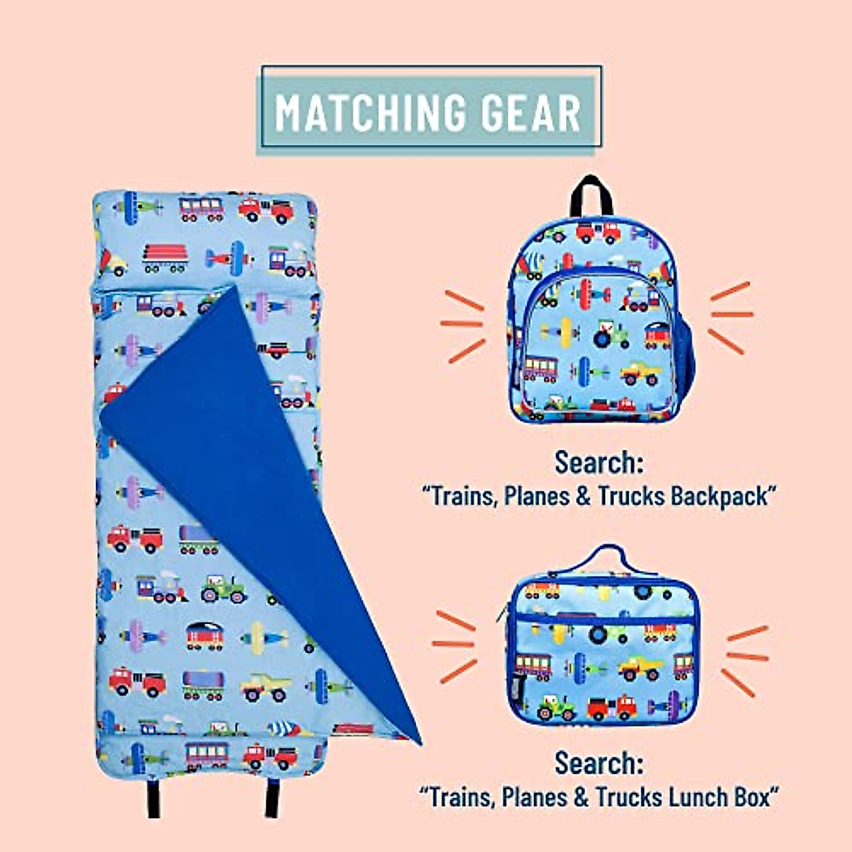 Wildkin Original Nap Mat with Reusable Pillow for Boys & Girls, Perfect for Elementary Daycare Sleepovers, Features Hook & Loop Fastener, Cotton Blend Materials Nap Mat (Trains, Planes, and Trucks)