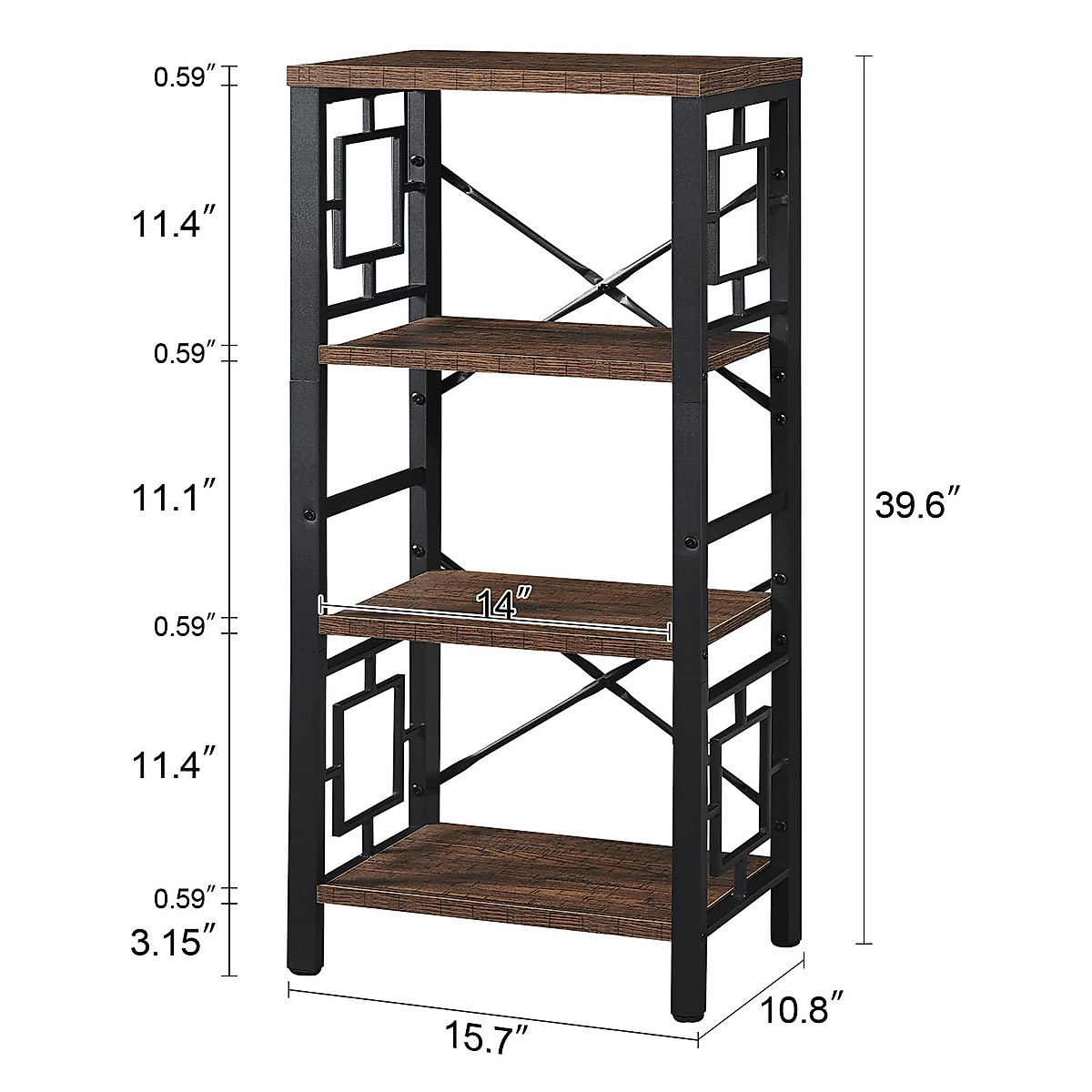 Freexployer Bookshelf, Vintage Industrial 4 Tier Bookshelf, Freestanding Narrow Bookcase with Rustic Wood and Metal, Small Bookshelf for Home Office, Bedroom & Living Room, Retro Brown