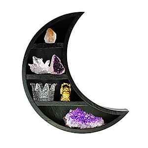 TopMoon Wooden Moon Shelf - Black Moon Decor for Bedroom, Bathroom, Living Room - Hanging Crescent Moon Shelf for Crystals, Stone Display - Moon Shaped Wall Decor for Essential Oil, Perfume - 14"x12"