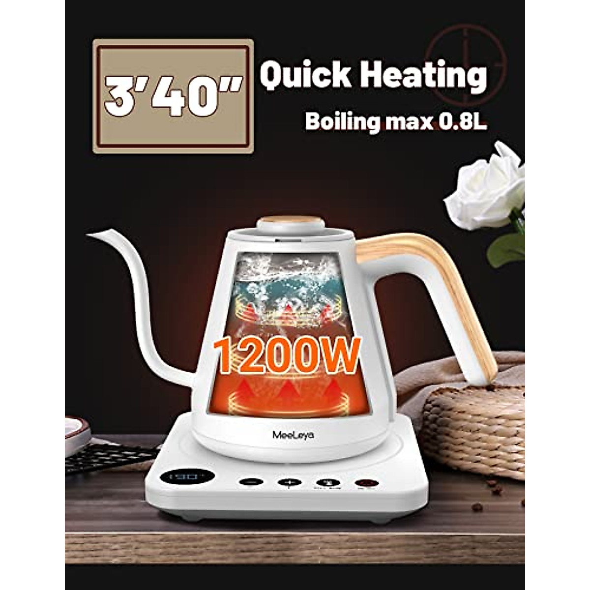 MeeLeya Electric Gooseneck Kettle with Temperature Control, Pour Over Coffee Kettle & Tea Kettle, Electric Kettle 1200 Watt, 0.8L (White)