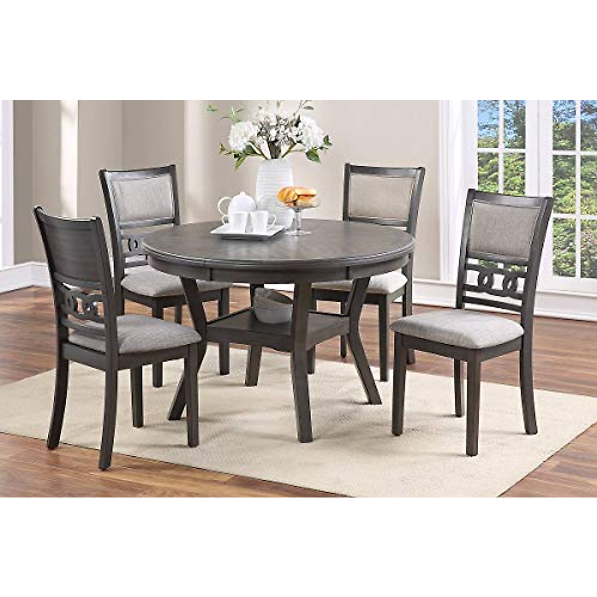 Lepfun Contemporary 5pc Set Round Table with 4X Side Upholstered Chairs with Backrest,Grey Finish Rubberwood Unique Design Funiture for Dining, Resturant and Living Room,Gray