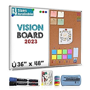 Vision Board 2023: Large 36" x 48" White Board and Cork Board Combo, Magnetic Half Bulletin Corkboard Combination for Office Wall | Memo Board for Notes, Dry Erase Whiteboard | Markers, Eraser, Pins