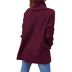 ANRABESS Women's Oversized Turtleneck Batwing Sleeve Spilt Casual Loose Knit Tunic Pullover Sweater Tops 2025 Fall Outfits Wine Red Small