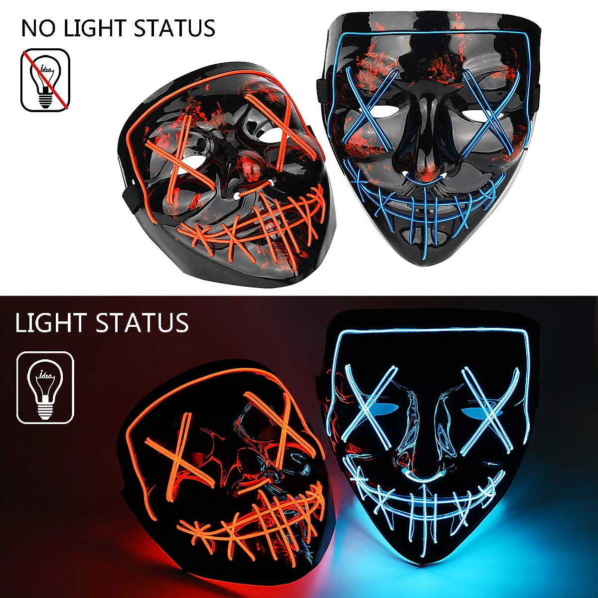 anroog Halloween Mask LED Light up Mask (2 Pack) Scary mask for Festival Cosplay Halloween Costume Masquerade Parties,Carnival (Red+Blue)