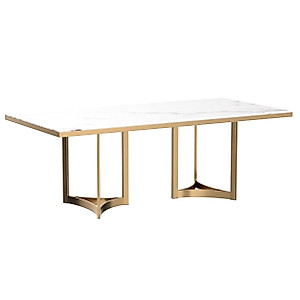 POVISON Marble Dining Table for 6, Modern Dining Room Table 71" for Kitchen & Dining Room, Luxury White Marble Table Top with Gold Trestle Pedestal(Dining Table Only)
