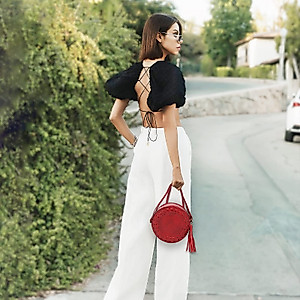 JOSEKO Women Crossbody Bags, PU Leather Zipper Shoulder Bag Round Cell Phone Purse with Tassel Red 7.48''(L) x 7.48''(W) x 2.75''(H)