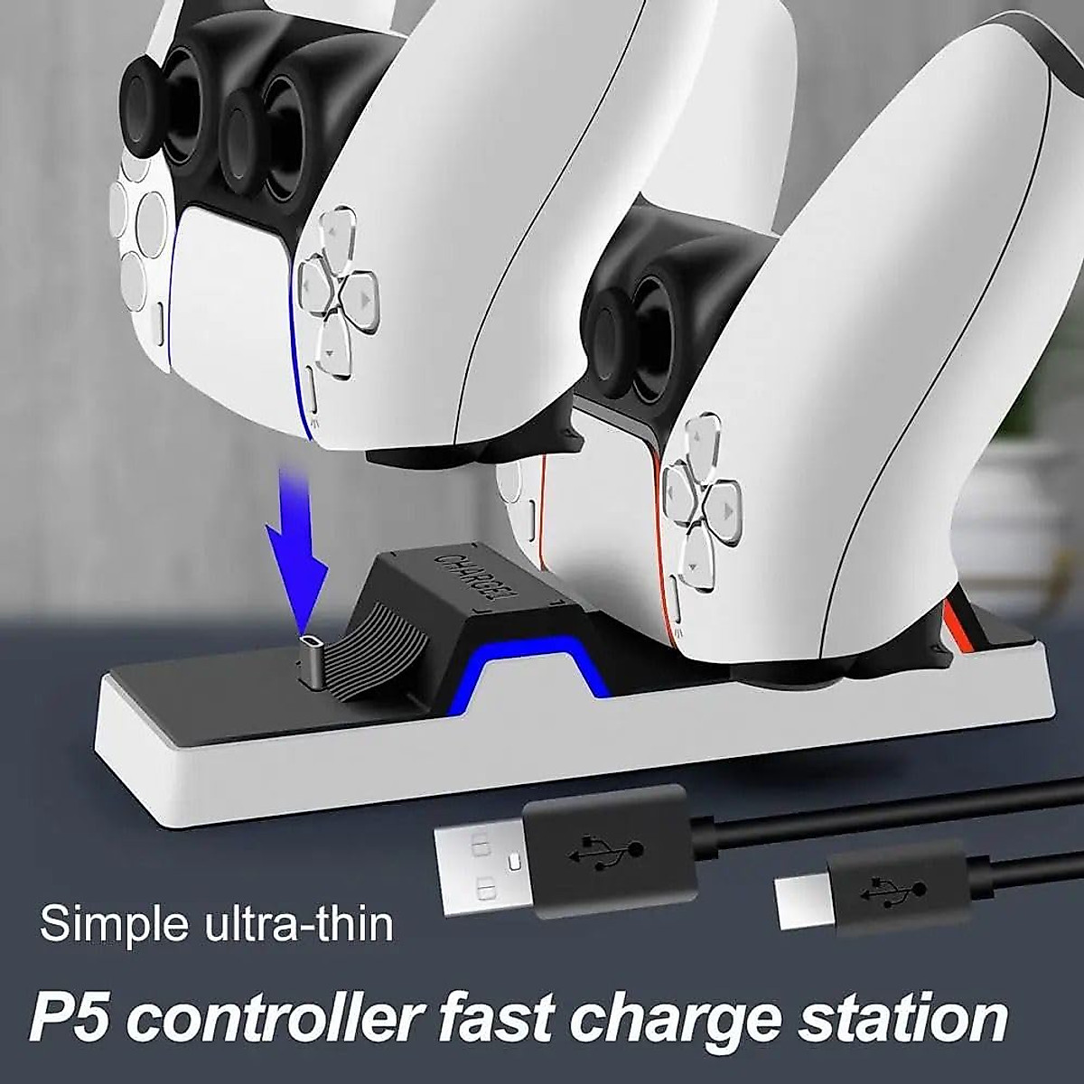 SLAJOY PS5 Controller Charger Station with Fast Charging AC Adapter 5V/3A, Dual Controller Charging Stand for Playstation 5, Docking Station Replacement for DualSense Charging Station G