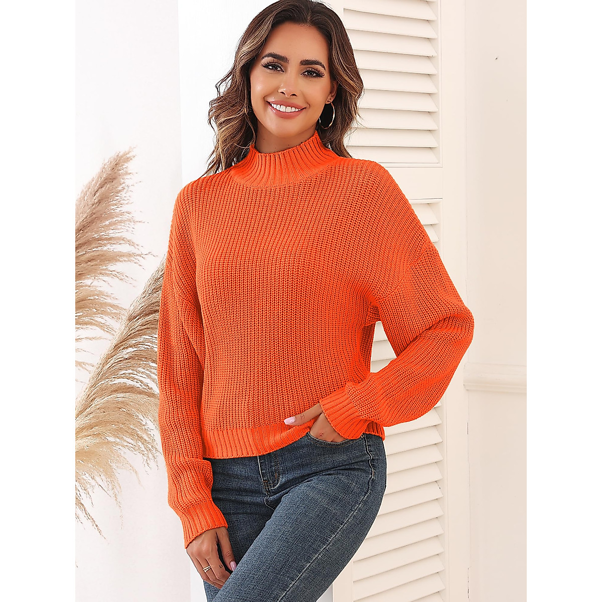 ZAFUL Women's Cropped Turtleneck Sweater Lantern Sleeve Ribbed Knit Pullover Sweater Jumper (1-Orange, M)