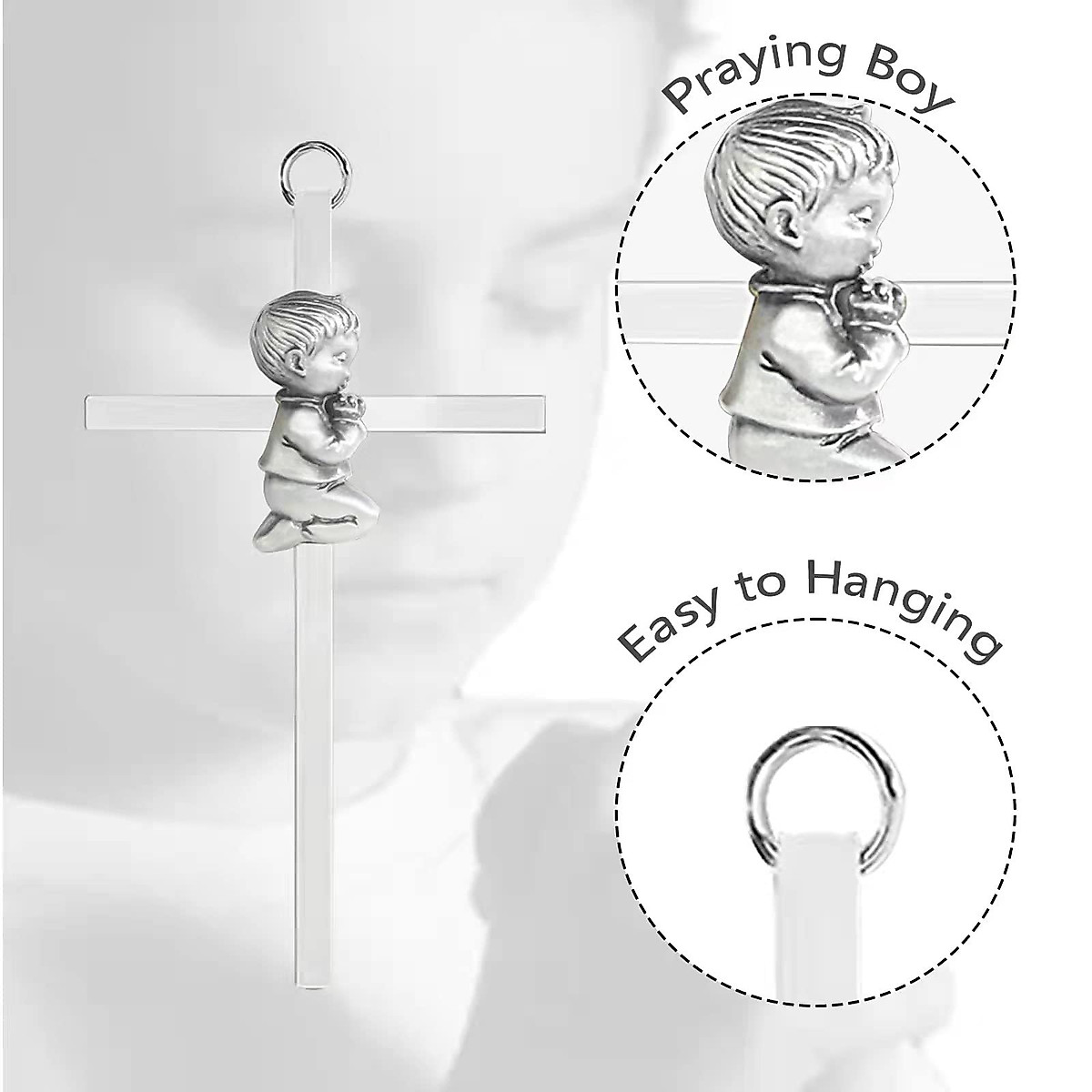 Christmas Gifts for Boy,Baby Baptism Wall Cross, Silver Blessing Christening Crosses, Baptismal Gifts from Godparents, First Holy Communion, Birthday, Baby Shower, White Display Box 4 Inch