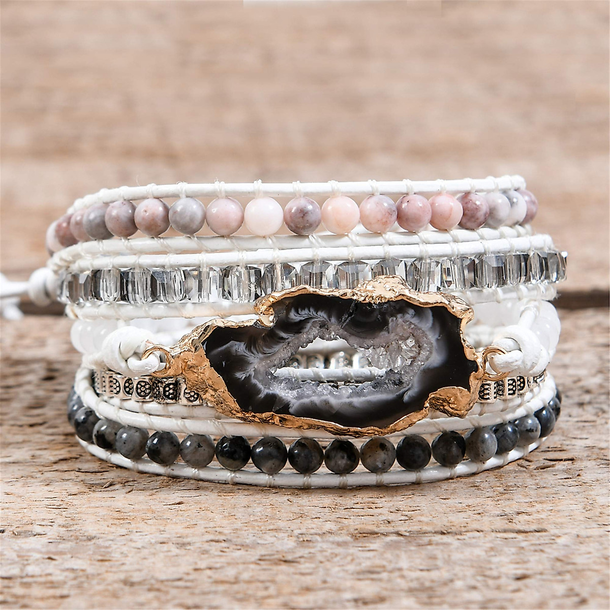 YGLINE Handmade Wrap Bracelet Turquoise, Jasper & Amazonite Natural Stones Leather Charm 5 Strands Boho Bracelet