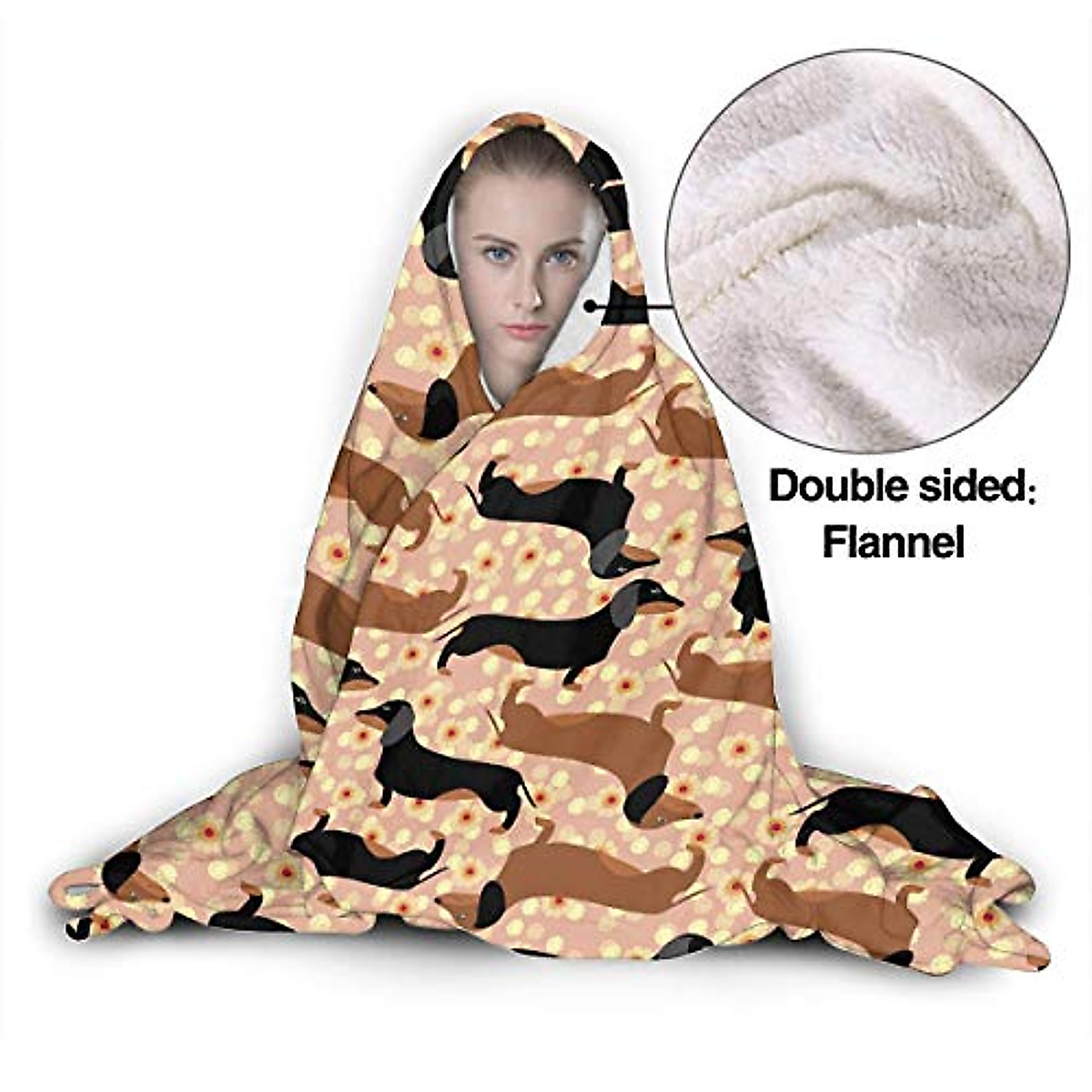 Dachshund and Flower Hoodie Blanket Wearable Throw Blankets for Couch Blanket Hooded for Baby Kids Men Women