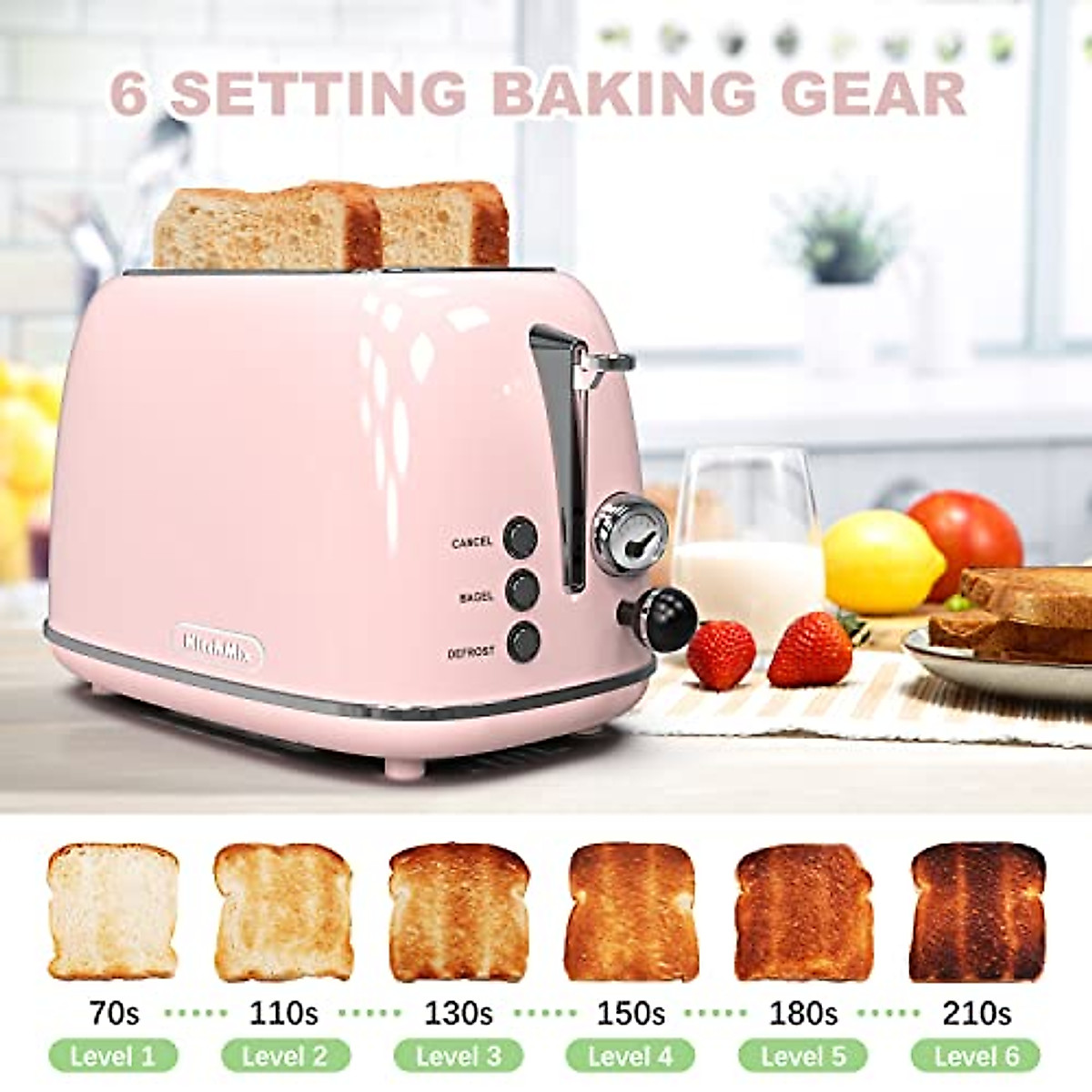 Toaster 2 slice,Retro Stainless Steel Toaster with 6 Settings, 1.5 In Extra Wide Slots, Bagel/Defrost/Cancel Function, Removable Crumb Tray (Baby pink)