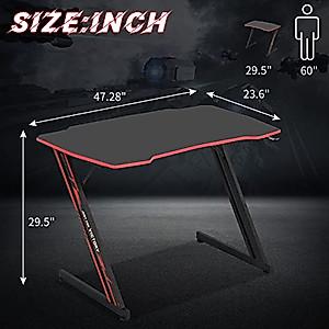 BLKMTY 47" Gaming Desk Z Shaped Gaming Desk Large Home Office Desks PC Computer Desk Workstation Study Desk Table Ergonomic Gamer Desk Wood Writing Desk with Headphone Hook for Game Player, Red