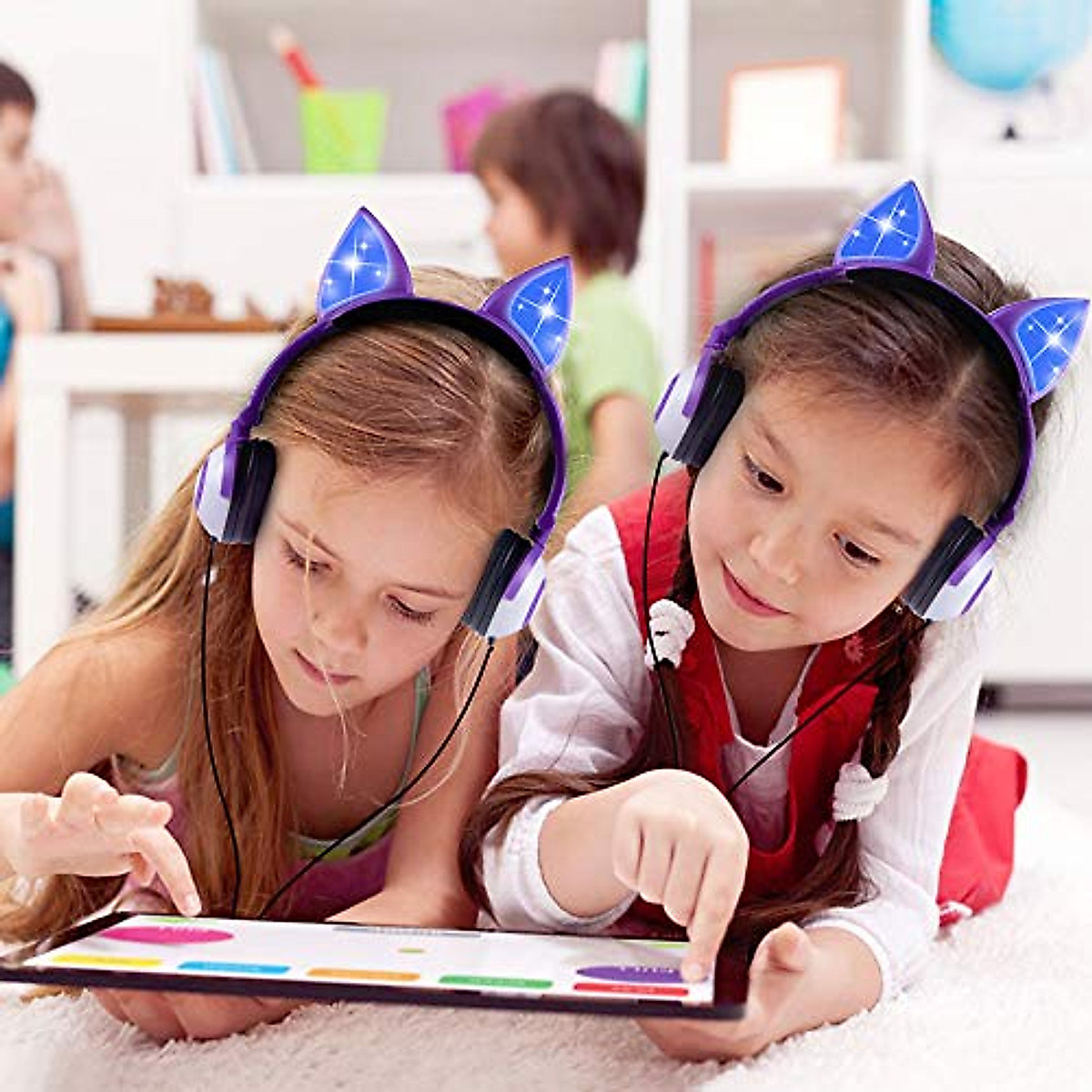 esonstyle Kids Headphones Over Ear with LED Glowing Ears Wired Kids Headsets 85dB Volume Limited 3.5mm Cute Girls Headphones for Online Learning/School/Travel/Tablet (Purple-Cat)