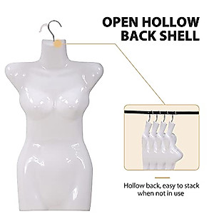 White Hanging Female Mannequin Torso 4PCS Dress Form Sewing Manikin, 30 Inch Female Molded Shatterproof Shapely Torso Form Hollow Back Body Torso Dress Form & 2 Hanging Hook for T-Shirt Display