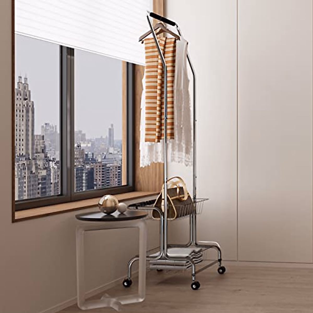 aixsponsa Rolling Clothes Rack with 2 Tier Basket, Freestanding Clothing Racks for Hanging Clothes, Metal Garment Rack with Wheels, Chrome