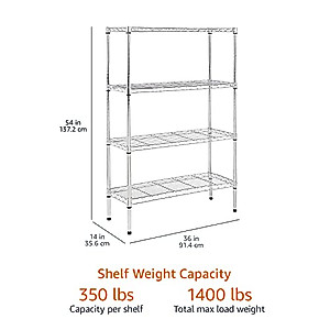 Amazon Basics 4-Shelf Adjustable, Heavy Duty Wide Storage Shelving Unit (350 lbs loading capacity per shelf), Steel Organizer Wire Rack, 36" L x 14" W x 54" H, Chrome Silver