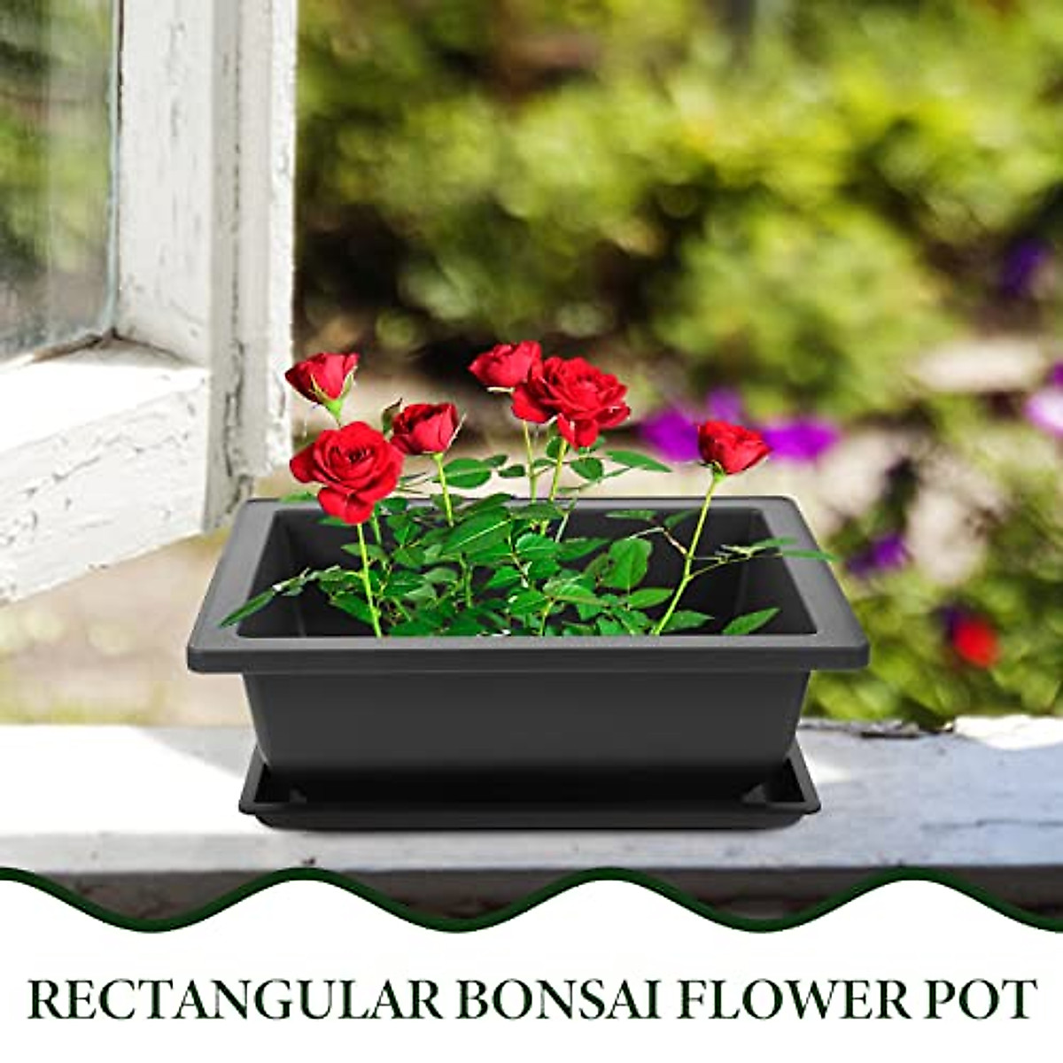 DOITOOL 8 Sets Rectangular Bonsai Training Pot, 6 and 9 inch Plastic Bonsai Pot with Drainage Tray, Large Bonsai Planter Pot for Desktop Decoration Nursery, Garden, Balcony, Black