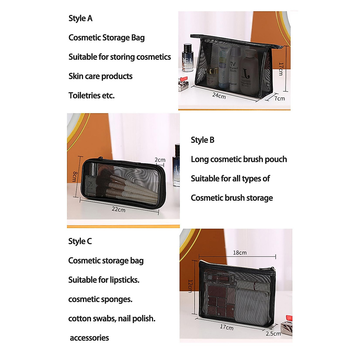 Gidary Mesh Cosmetic Bag Mesh Zipper Pouch Clear Cosmetic Bags for Home Travel Accessories Organizer 3PCS